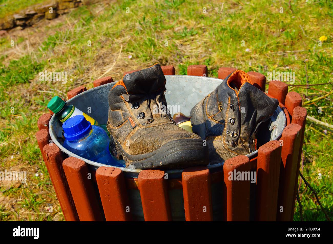 hiking boot, dustbin, boot, boots, hiking boots, dustbins Stock Photo ...
