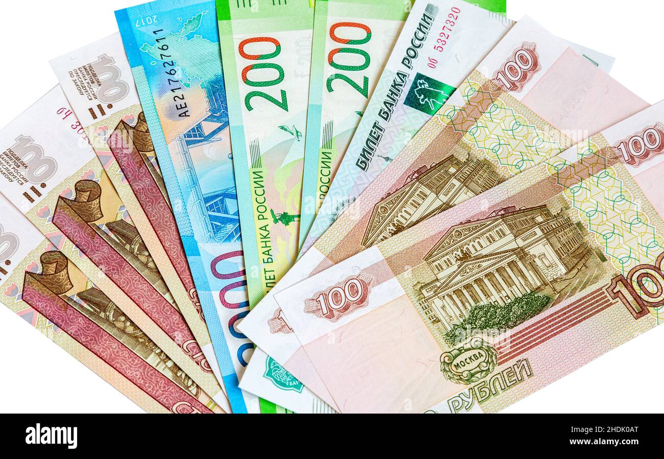 Banknotes of Russian money on white background. Russian paper currency ...