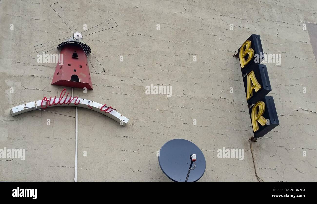 ailing, bar counter, flashing neon sign, shabby, bar counters, flashing ...