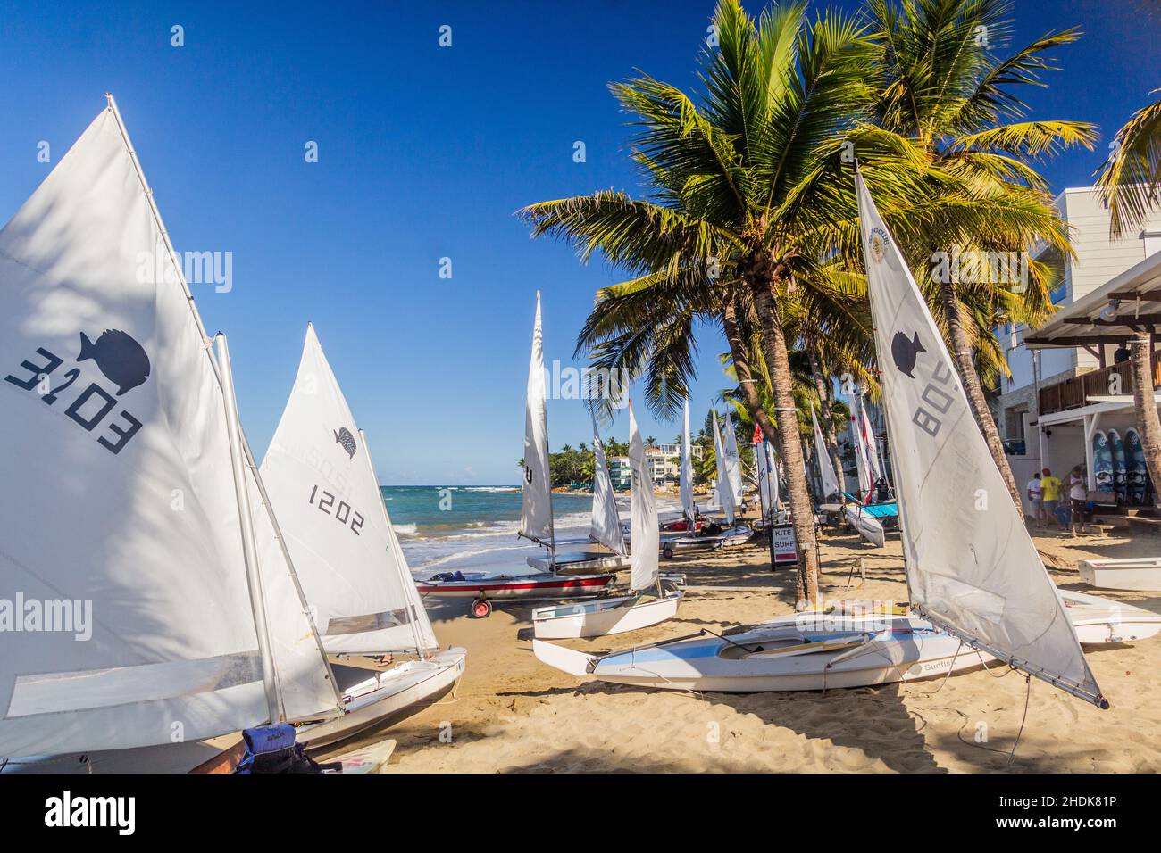 CABARETE, DOMINICAN REPUBLIC - DECEMBER 13, 2018: Sailboats at a beach ...