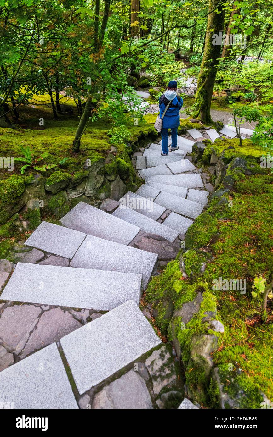 Tourist exploring hand crafted stone steps; Portland Japanese Gardens ...