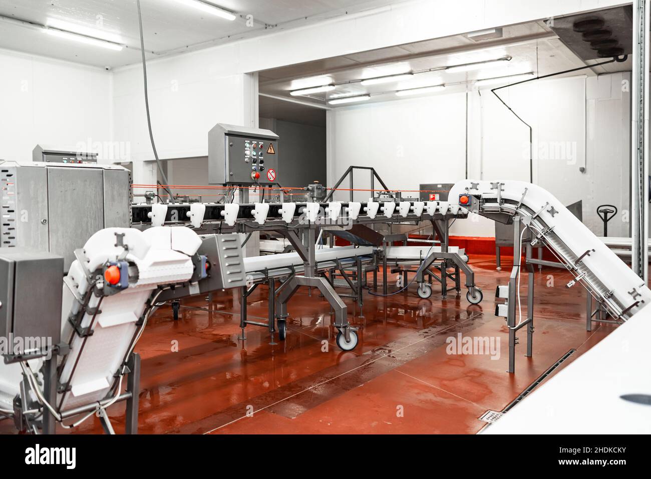 Meat processing plant. Production line of meat.Line for the production ...