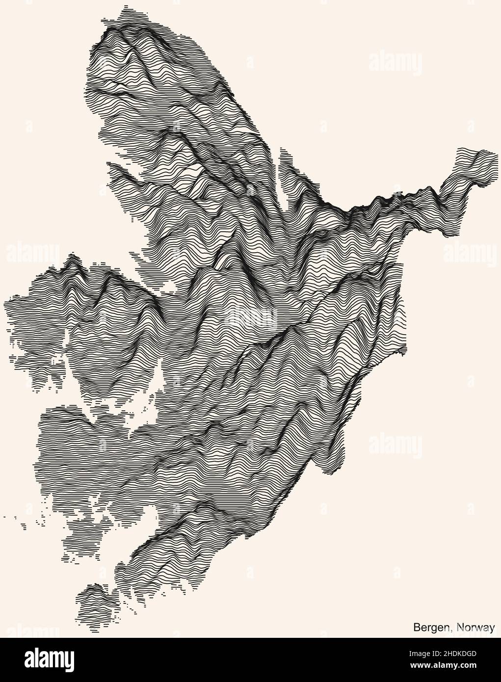 Topographic relief map of the city of BERGEN, NORWAY with black contour ...