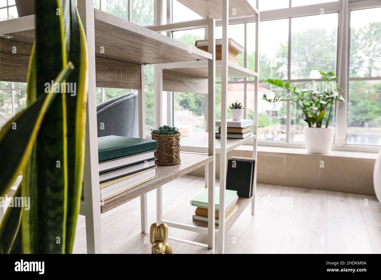 Stylish bookshelf near window in interior of modern living room Stock ...