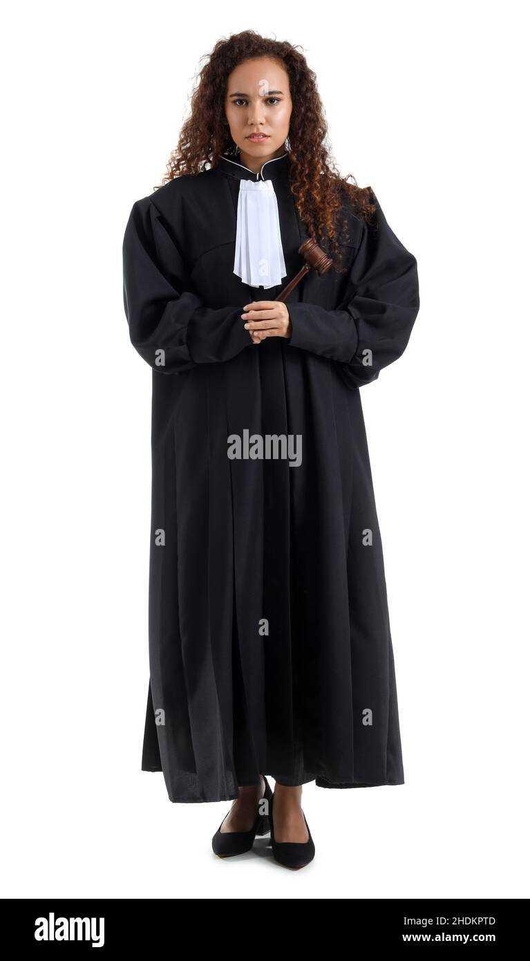 Young female judge with gavel on white background Stock Photo - Alamy