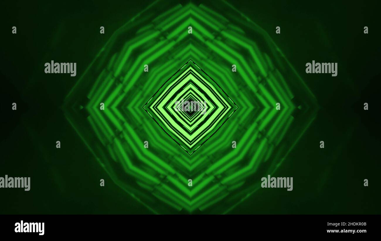 A 3D illustration of neon green rhombus shaped kaleidoscopic pattern ...