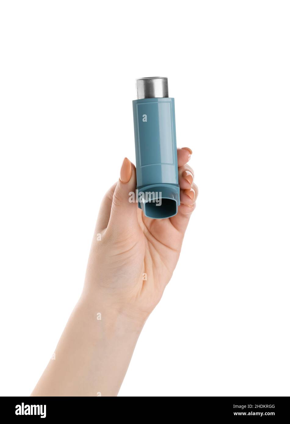 Female hand with asthma inhaler on white background Stock Photo - Alamy
