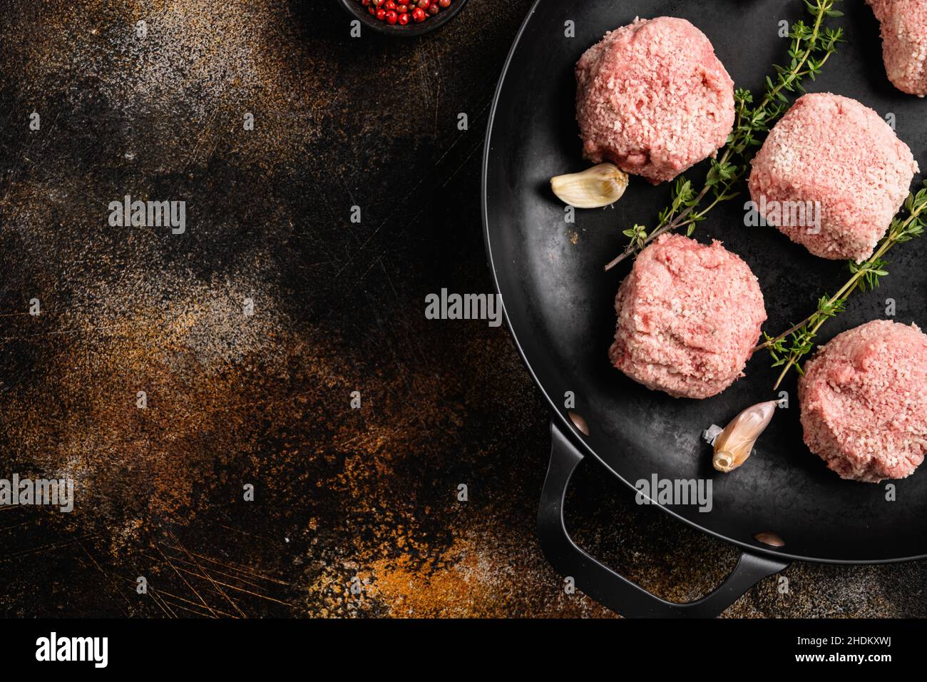 Organic minced meat meatball set, on old dark rustic table background ...