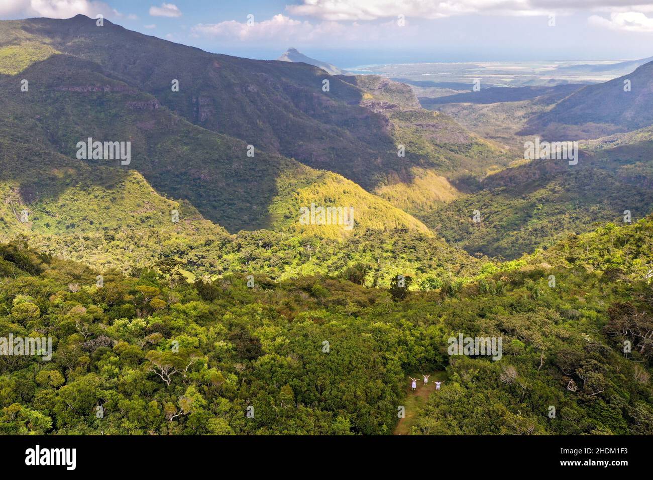Bird's-eye view of the mountains and fields of the island of Mauritius ...