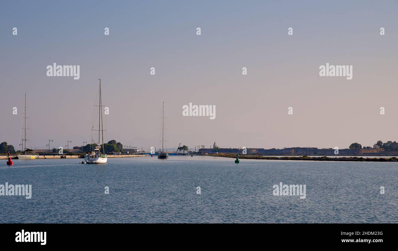 Yachts wait for the opening of the swing bridge o the Lefkas Canal ...