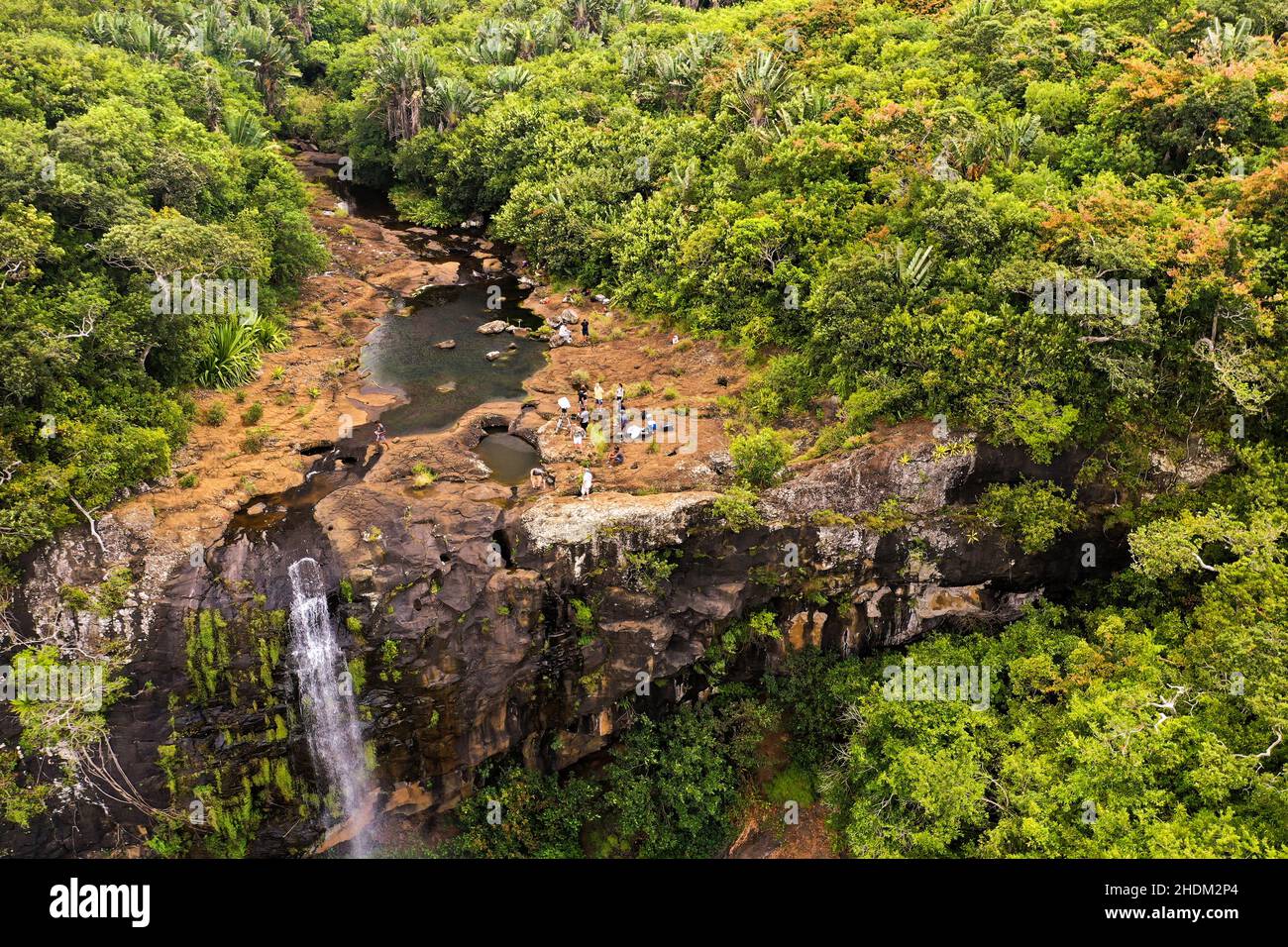 Aerial view from above of the Tamarin waterfall seven cascades in the ...