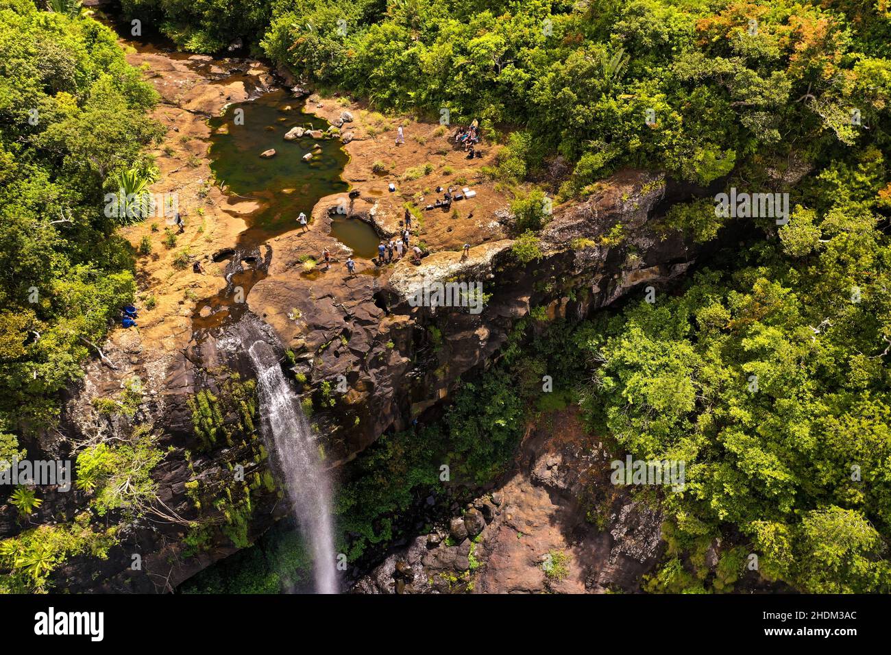 Aerial view from above of the Tamarin waterfall seven cascades in the ...