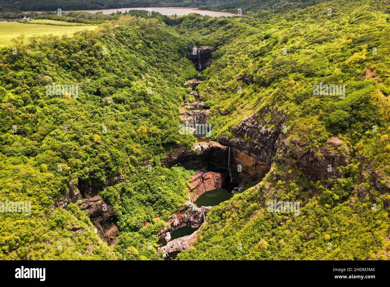 Aerial view from above of the Tamarin waterfall seven cascades in the ...