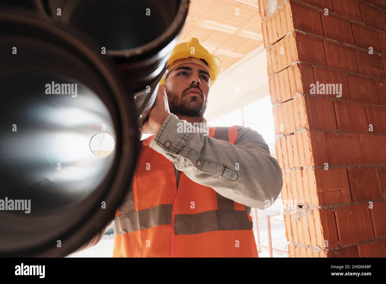 pipe, construction worker, construction site, pipes, blue collar ...