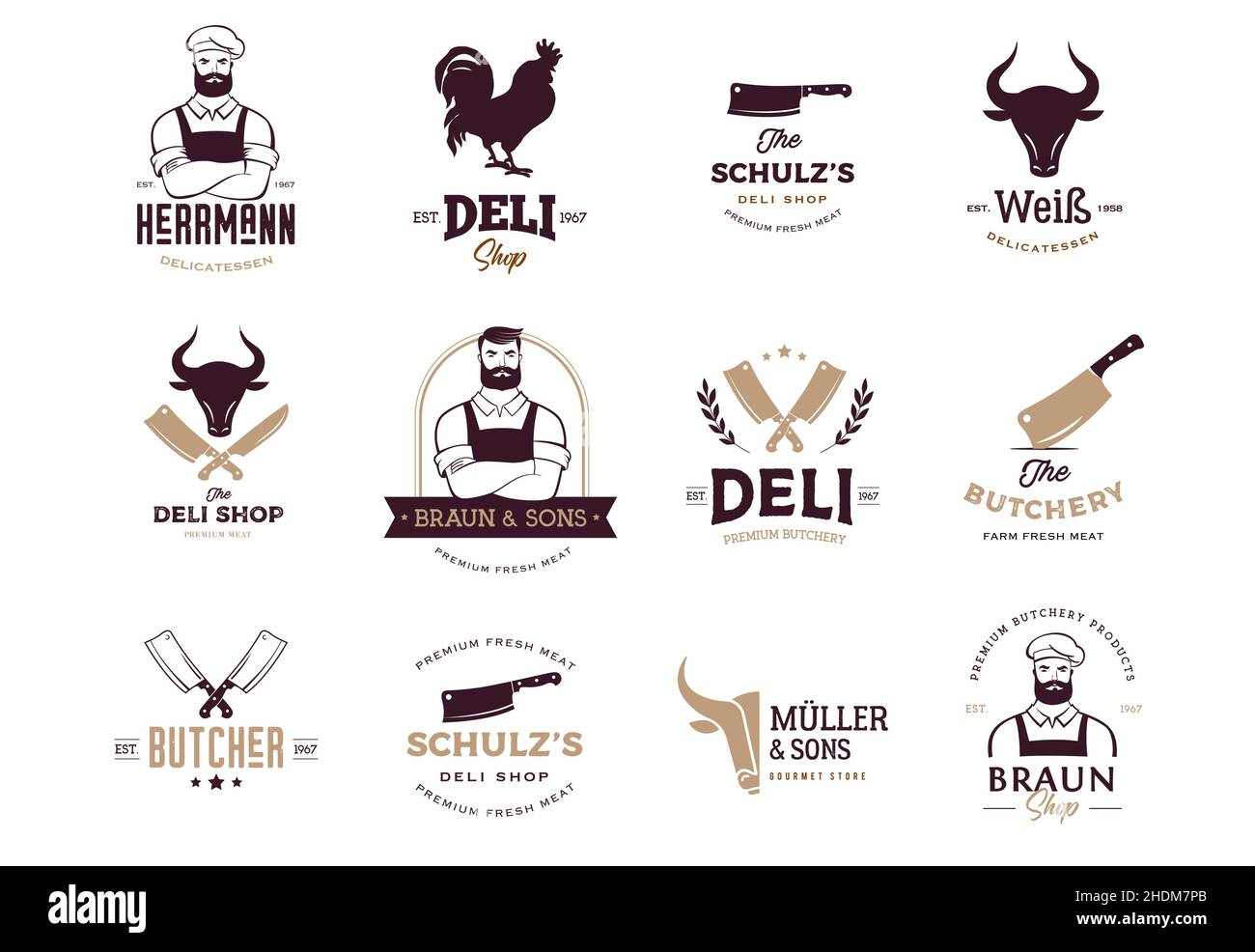 Butcher shop, gourmet, deli store logo design. Hipster butcher, knifes ...