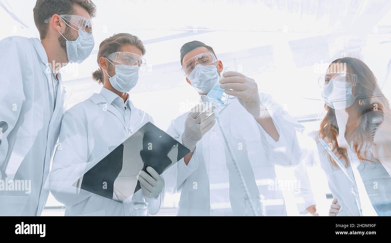 scientists working with test tubes and microscope in the laborat Stock ...