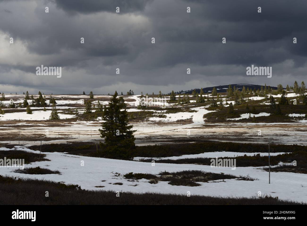 Early spring landscape with melting snow in a mountain area in ...