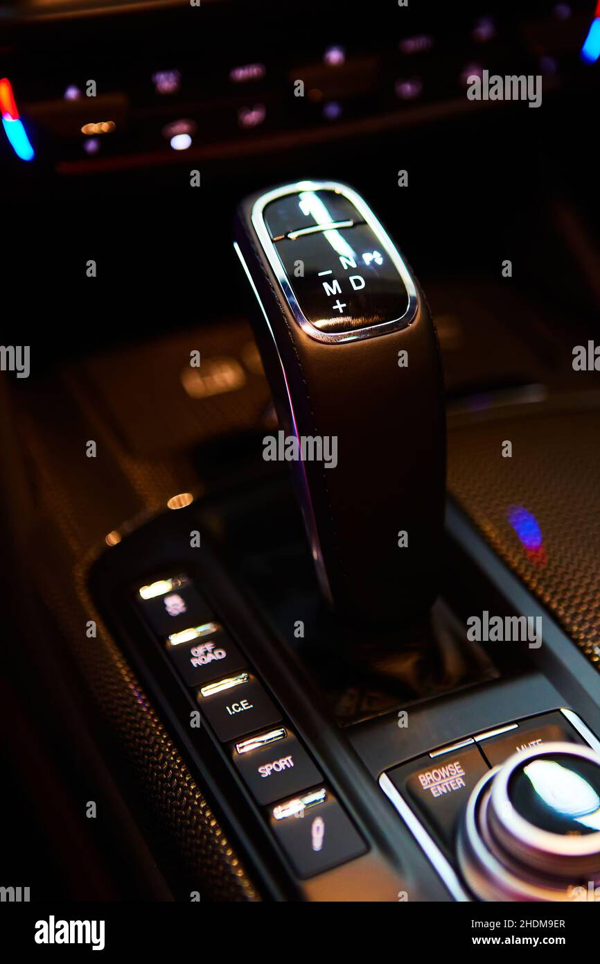 Automatic gear stick of a modern car, multimedia and navigation control ...