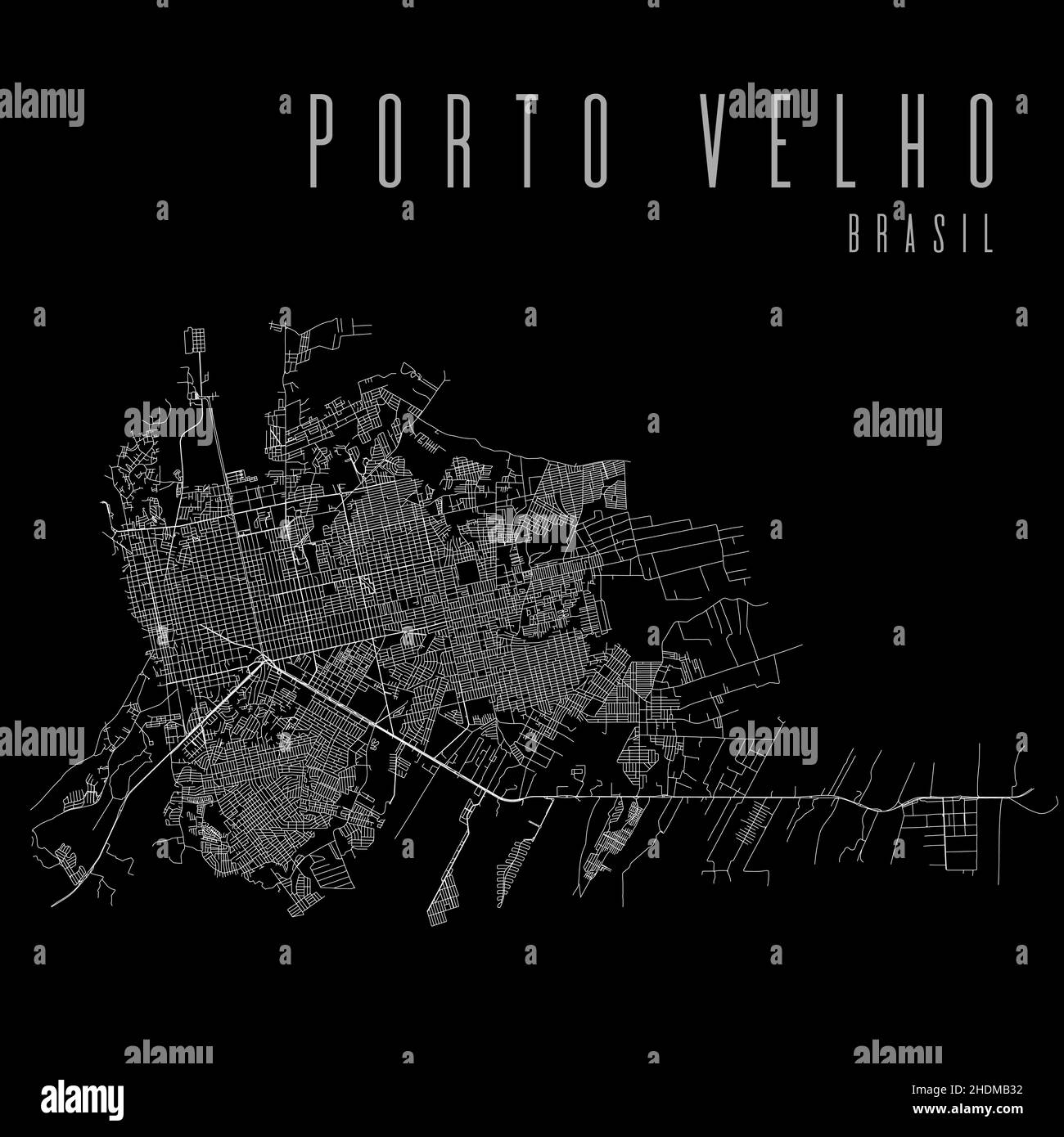 Porto Velho city vector map poster. Brazil municipality square linear street map, administrative ...