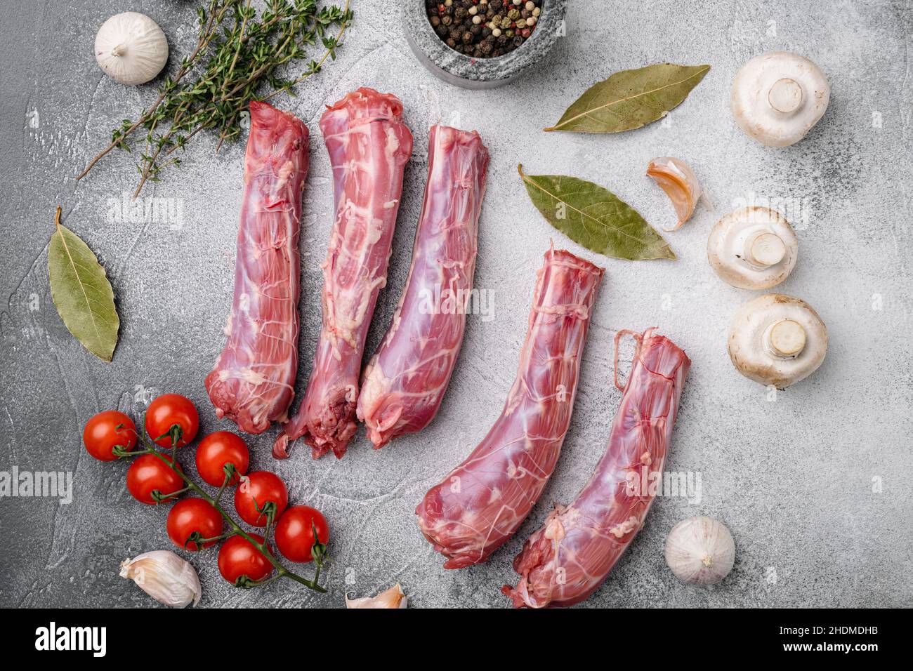 Raw chicken neck set, on gray stone table background, top view flat lay ...