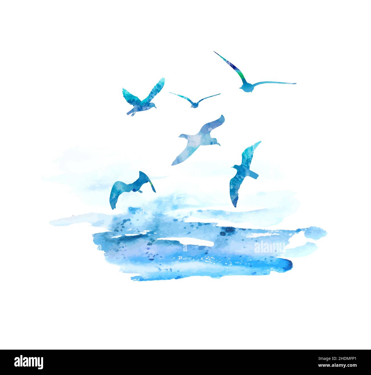 Flying blue watercolor seagulls. Vector illustration Stock Vector Image ...