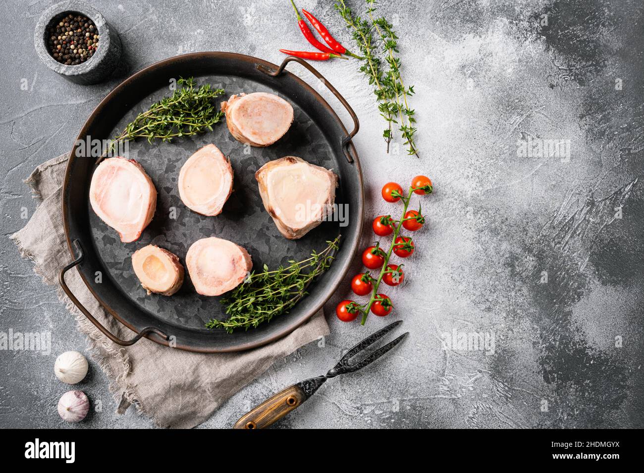 Raw brain beef bone, on gray stone table background, top view flat lay ...