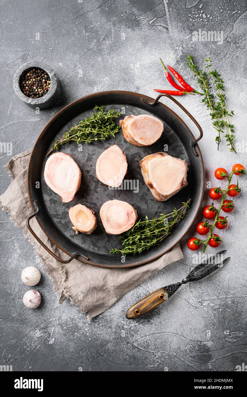 Beef Bone Marrow , on gray stone table background, top view flat lay ...