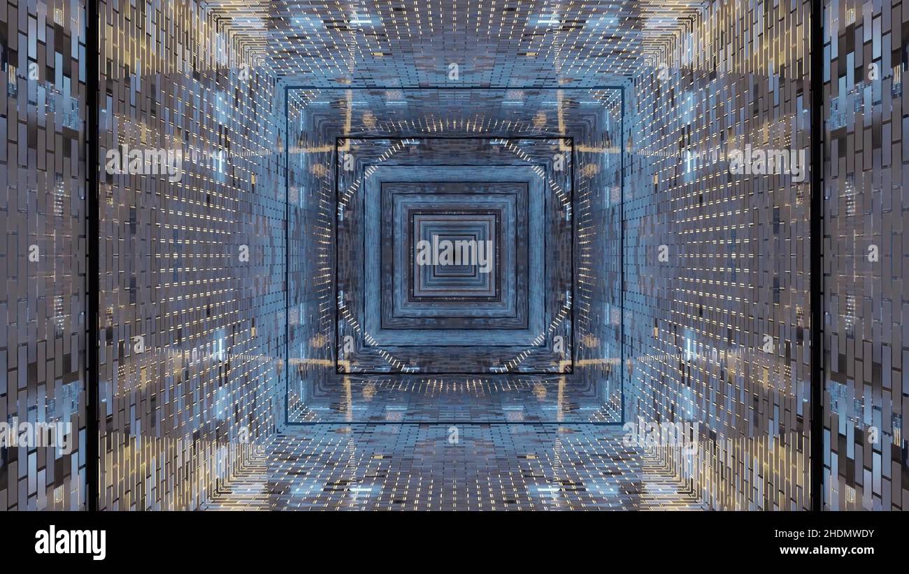 A 3D illustration of an enlightened square shaped sci-fi tunnel in the ...