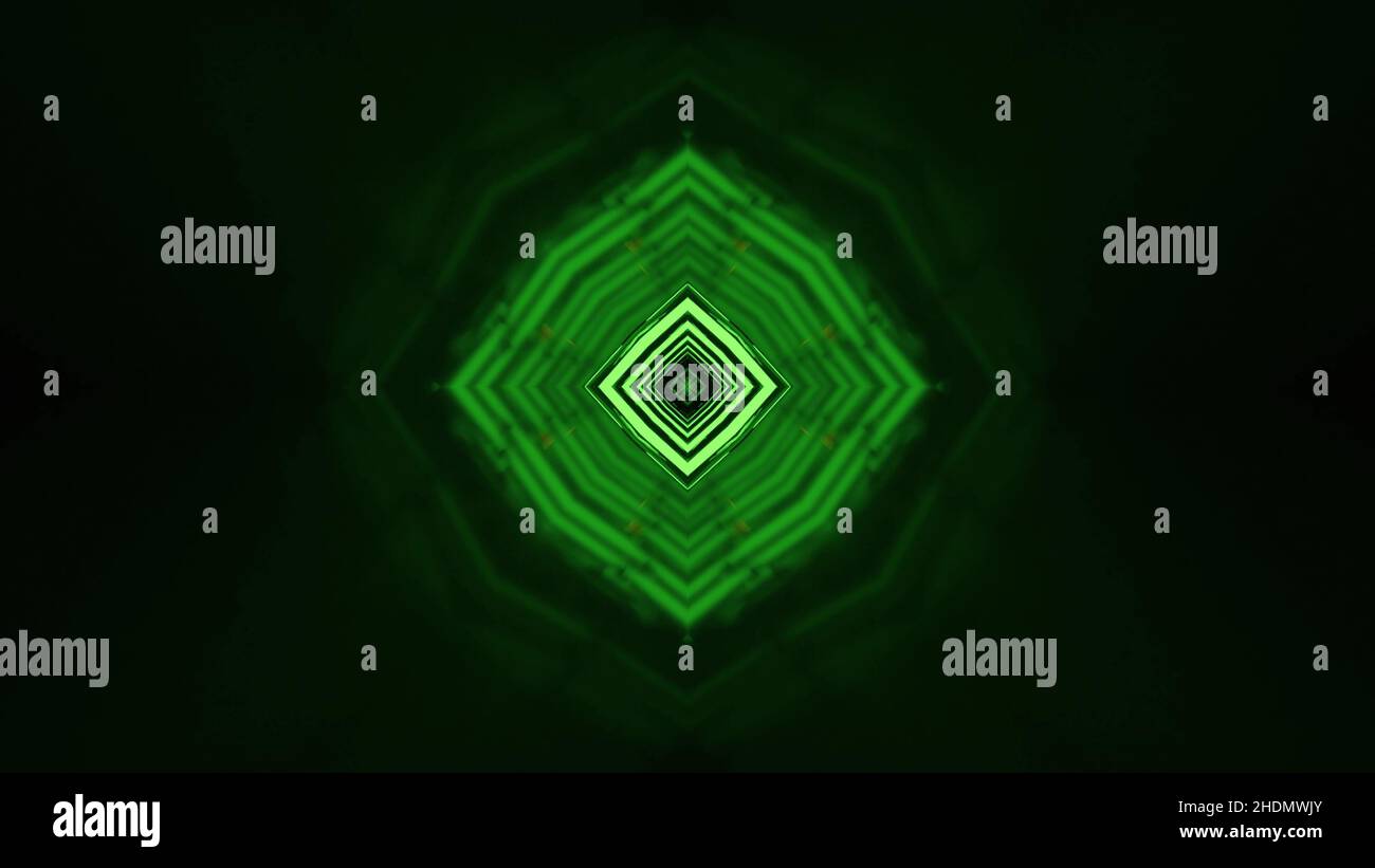 A 3D illustration of a neon green rhombus shaped kaleidoscopic pattern ...