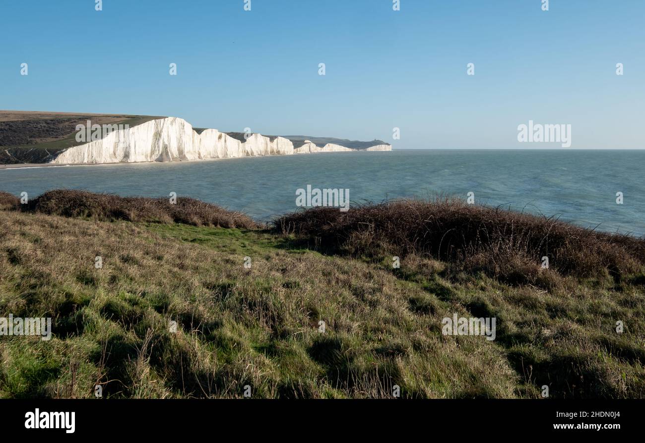 Seven Sisters chalk cliffs facing the English Channel at Seaford, East ...