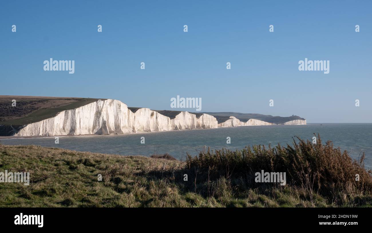 Panorama of Seven Sisters chalk cliffs facing the English Channel at ...