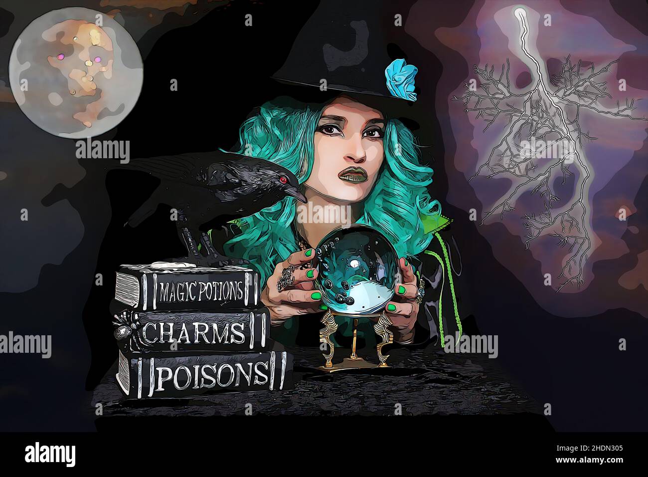 Green Hair Witch With Crystal Ball and Spell Books Stock Photo - Alamy