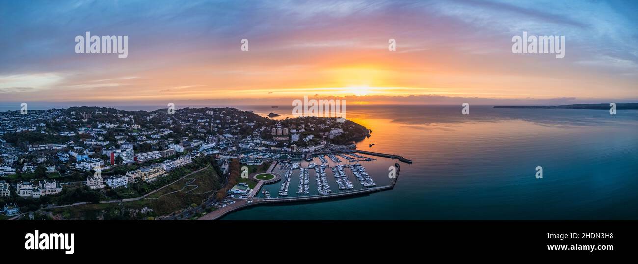 Panorama Torquay Marina from a drone in sunrise time, Torbay, Devon ...
