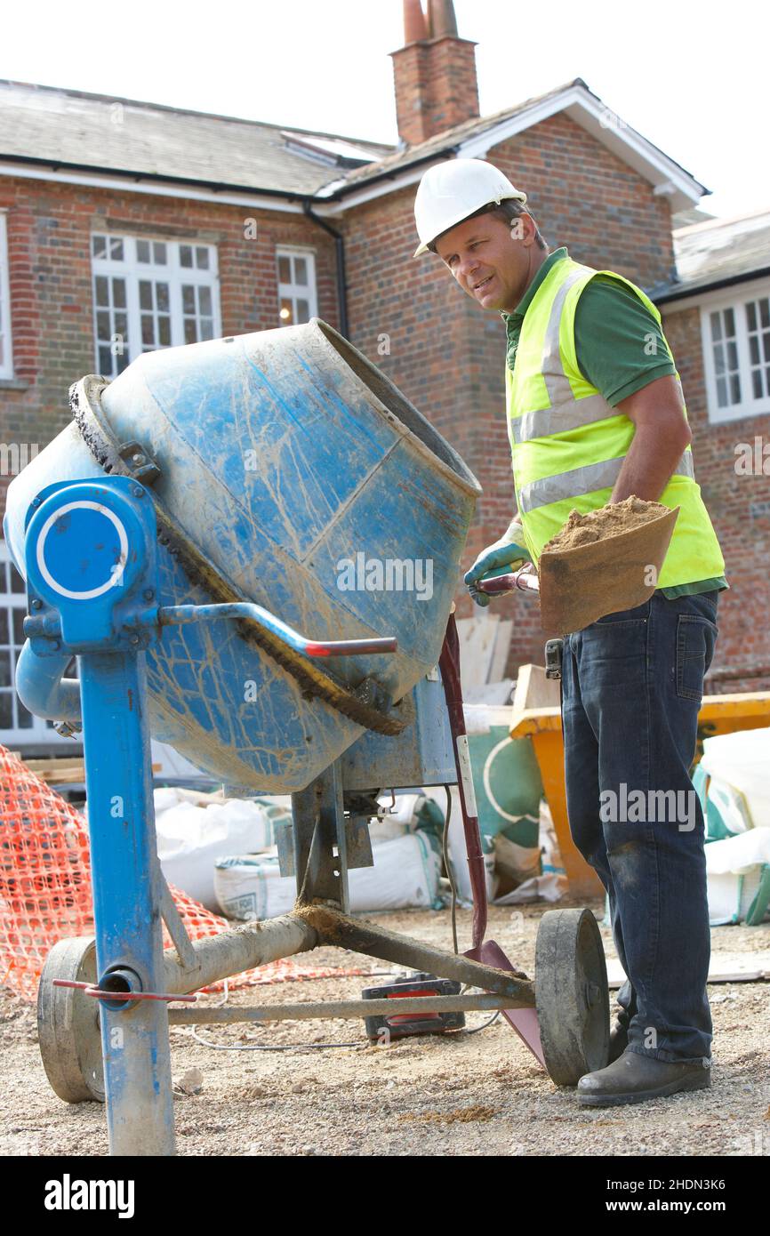 construction worker, building construction, concrete mixers, blue ...