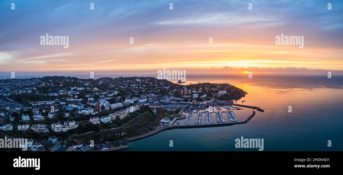 Panorama Torquay Marina from a drone in sunrise time, Torbay, Devon ...