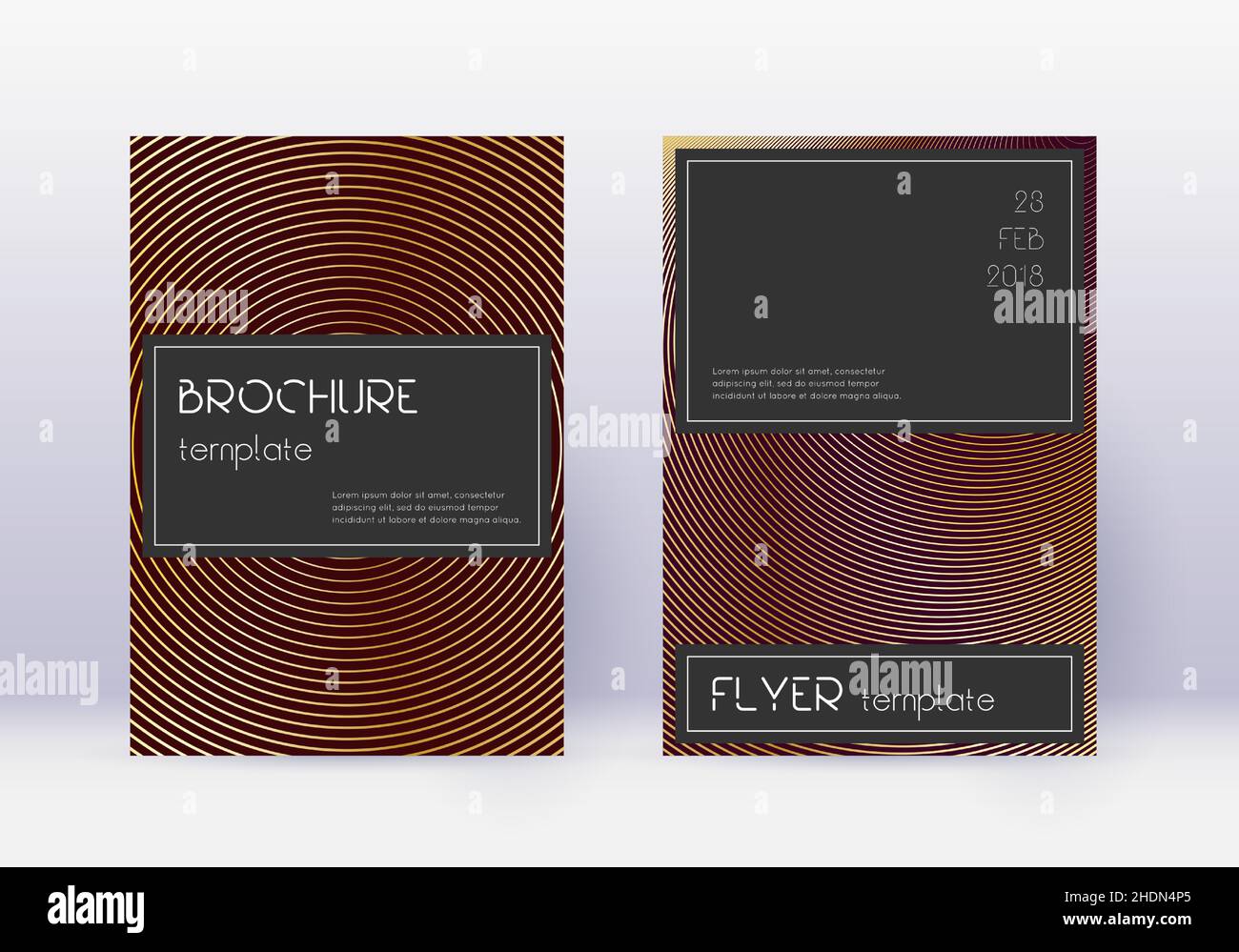 Black cover design template set. Gold abstract lines on maroon ...