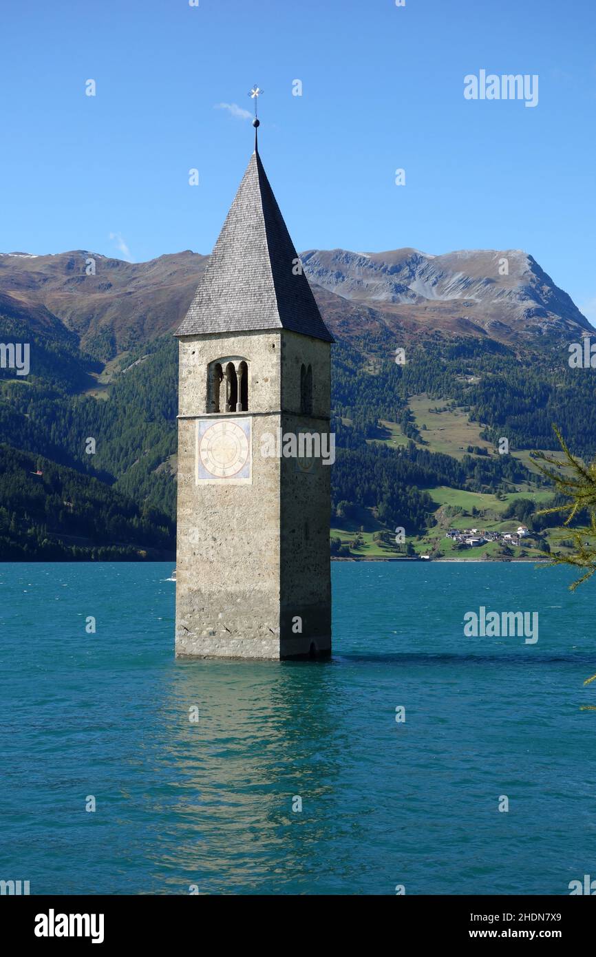 steeple, reservoir, lake reschen, steeples, reservoirs, lake reschens ...