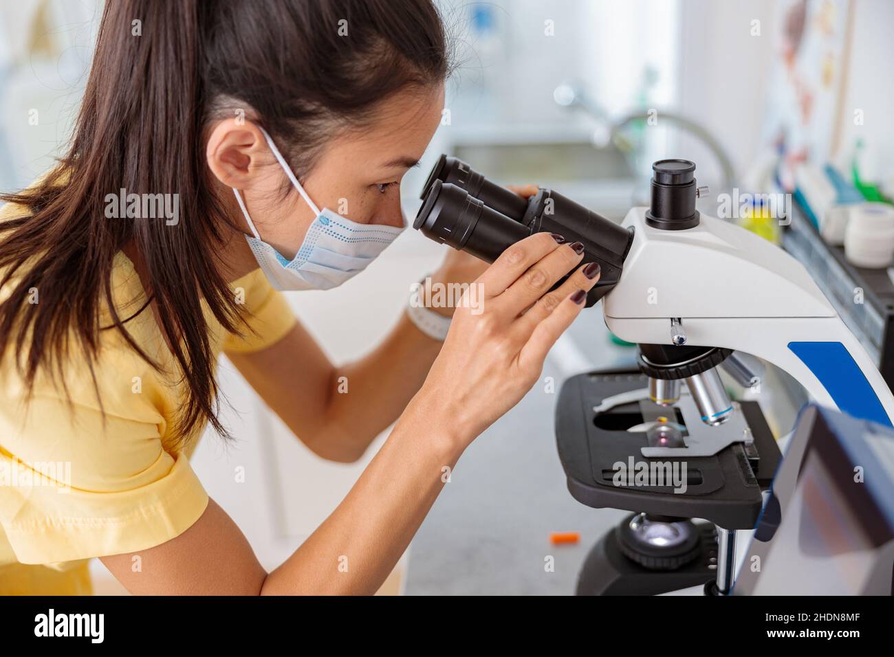Female vet assistant examining biomaterial in laboratory Stock Photo ...