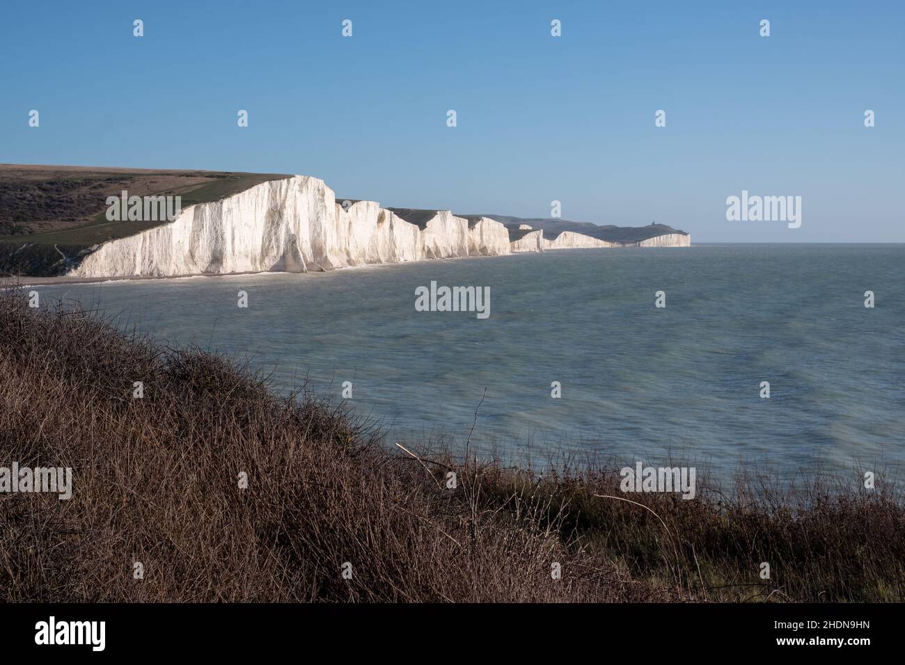 Panorama of Seven Sisters chalk cliffs facing the English Channel at ...