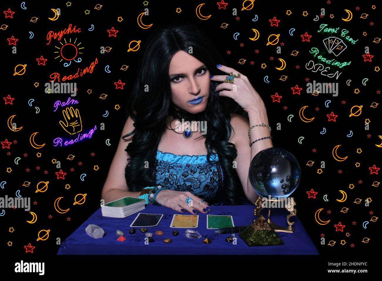 Psychic Tarot Card Reader With Vintage Neon Signs Stock Photo - Alamy