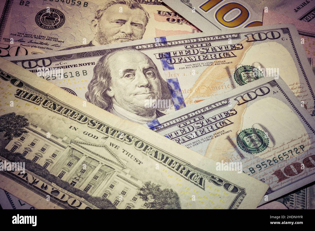 Bunch of US states currency, dollar banknotes of different amounts ...