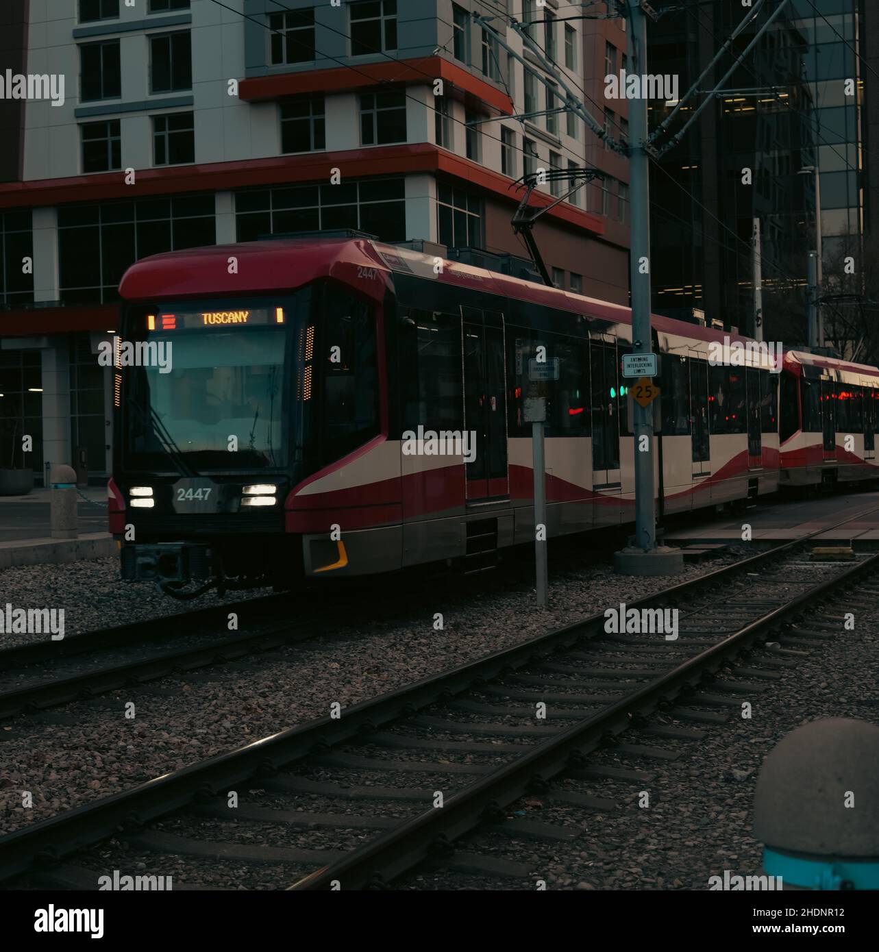 Modern light rail train traveling in the city of Calgary, Canada Stock ...
