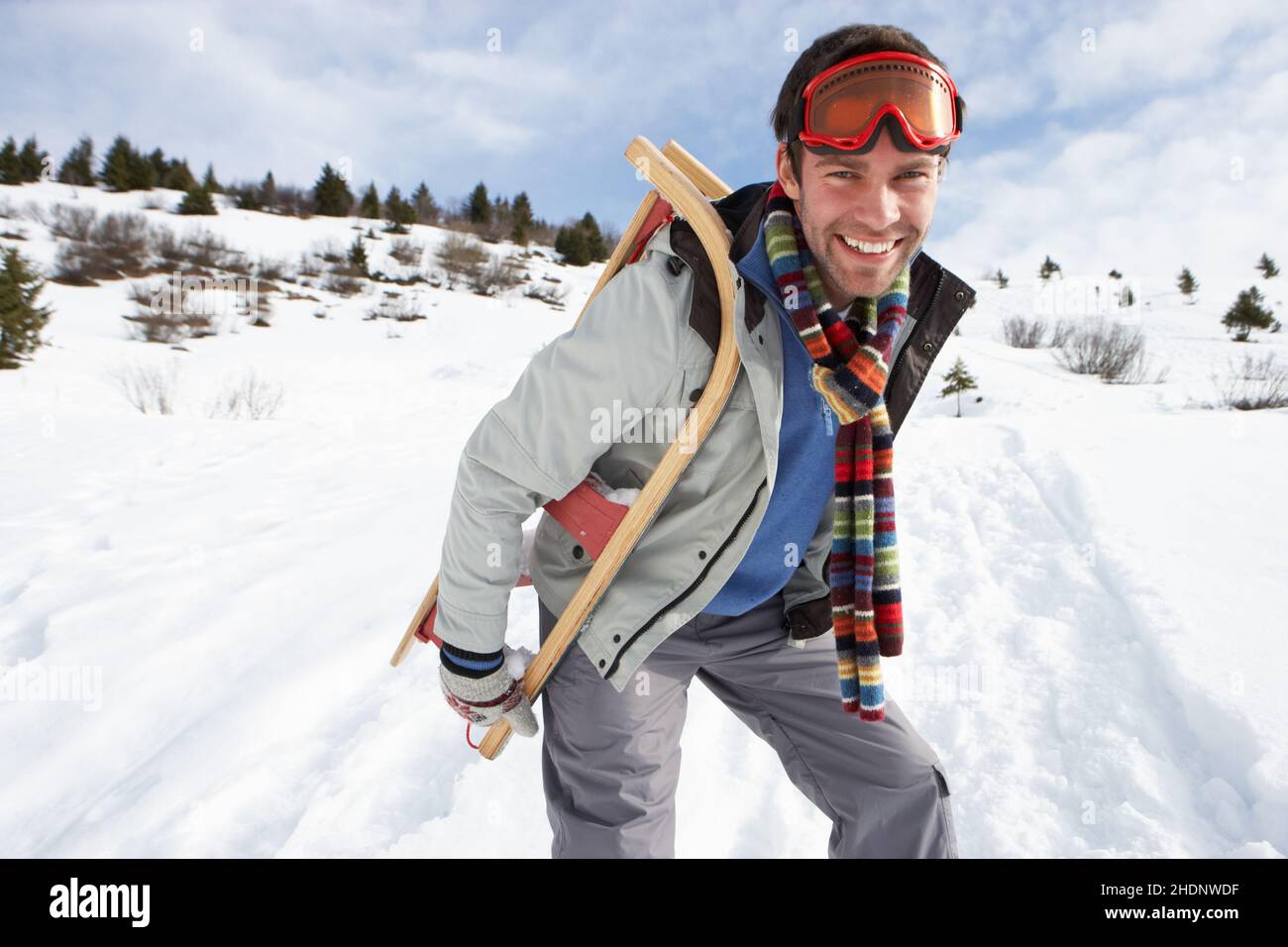 young man, sledding, winter holidays, guy, man, men, young Stock Photo ...