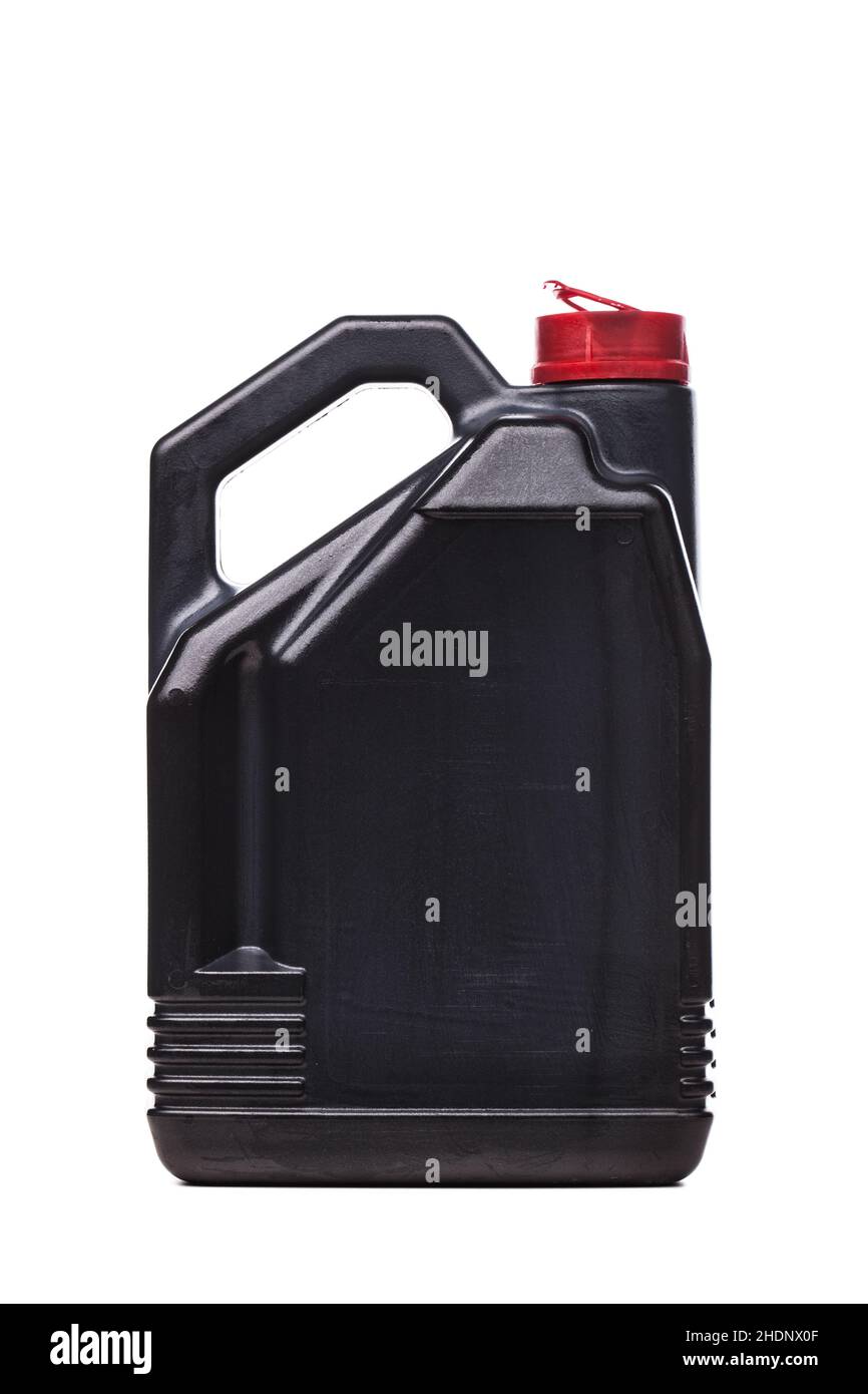 Plastic black canister for car engine motor oil with red cap. Isolated ...