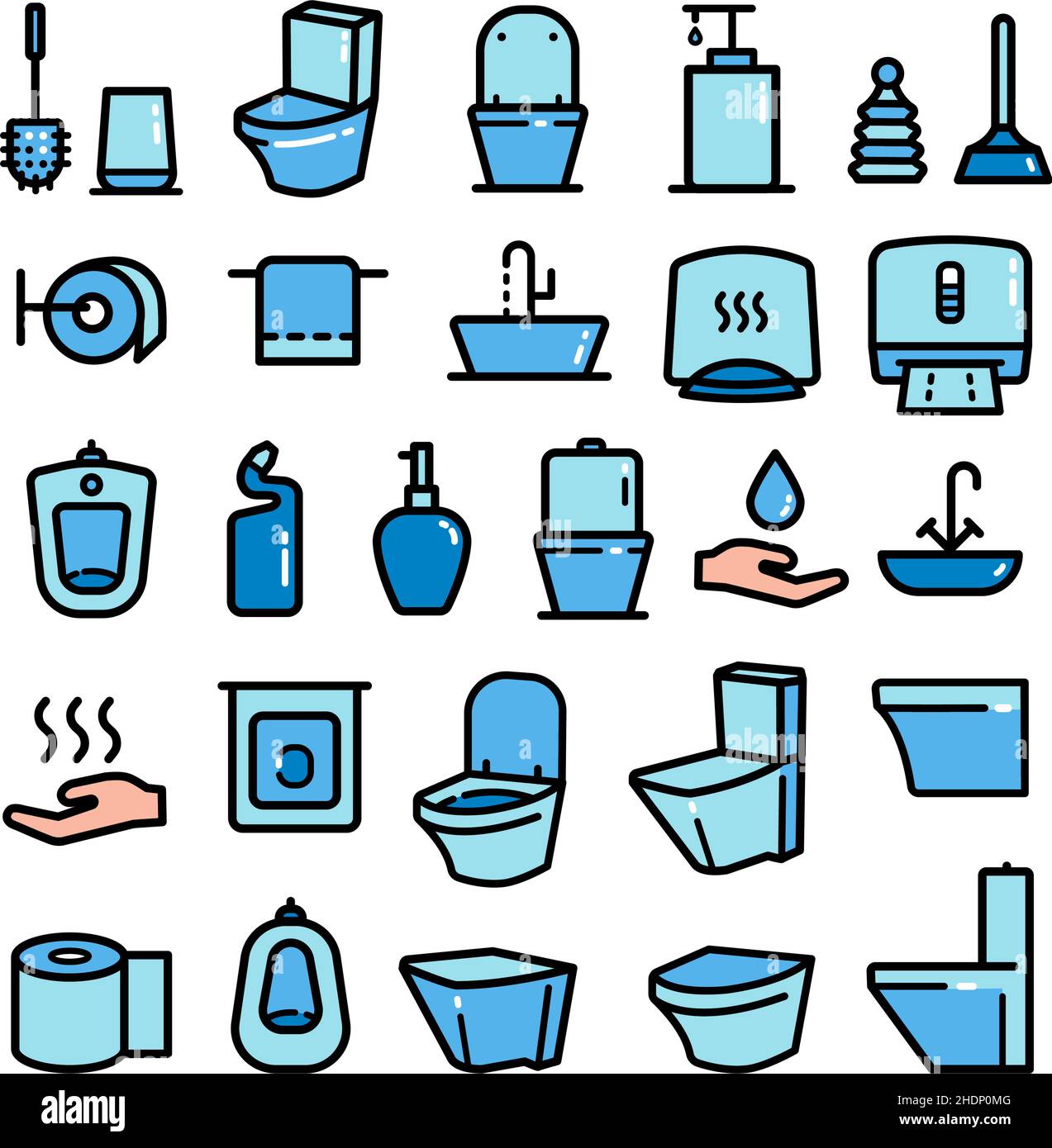 Set of sanitary icons such as Toilet, Towel, Plunger, Restroom, Urinal ...