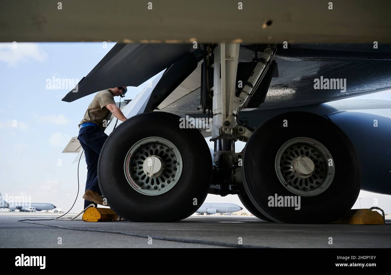 A U.S. Air Force KC-135 Stratotanker crew chief assigned to the 379th ...