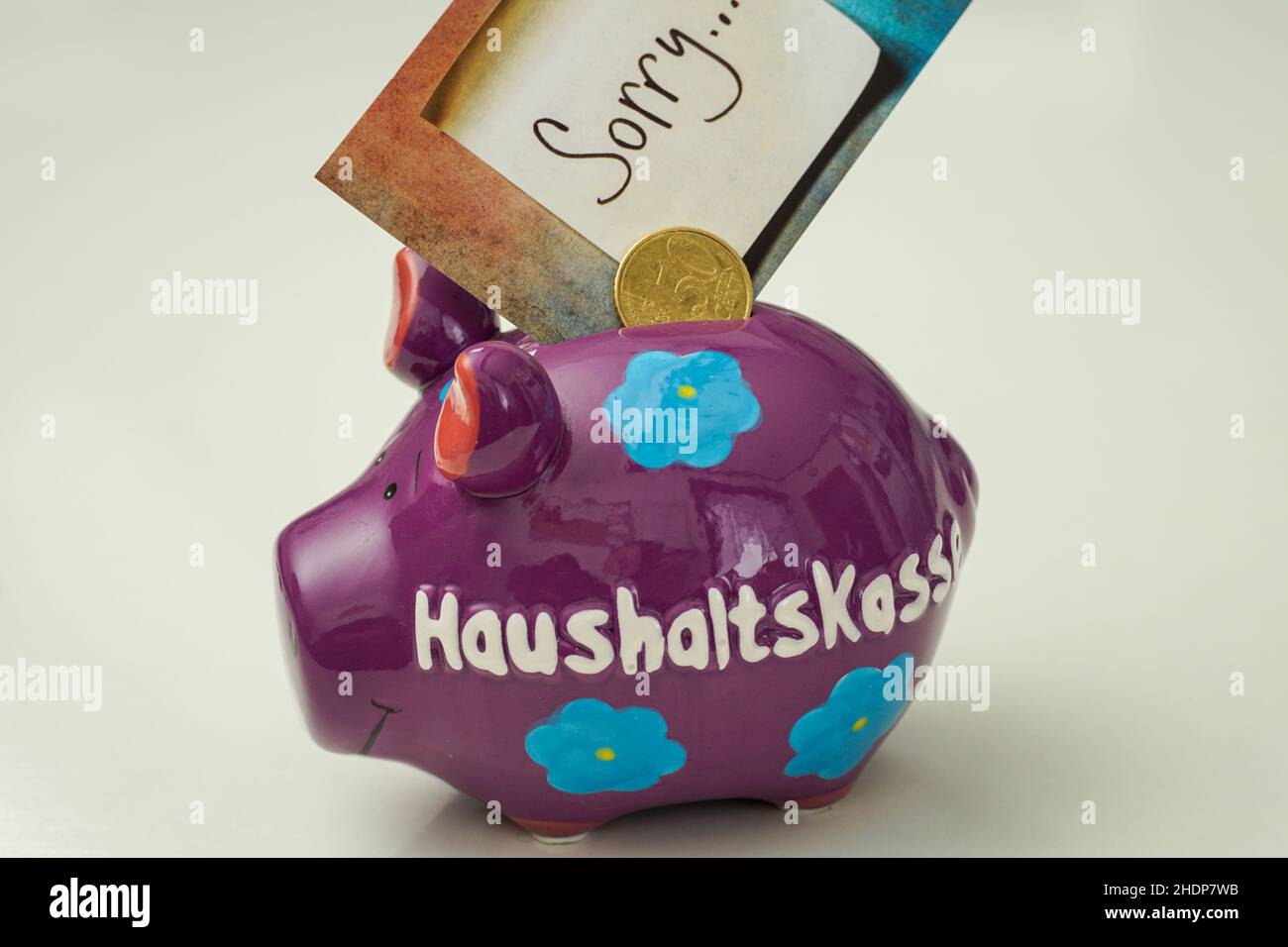 Piggy bank in purple color written "household budget" and with "sorry ...