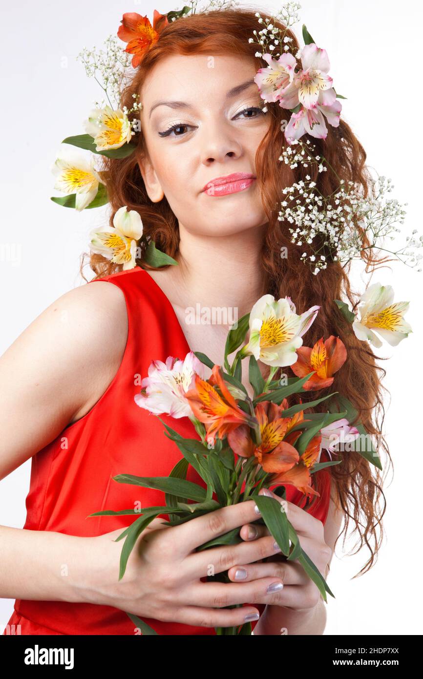 woman, red hair, flower arrangement, female, ladies, lady, women, red ...