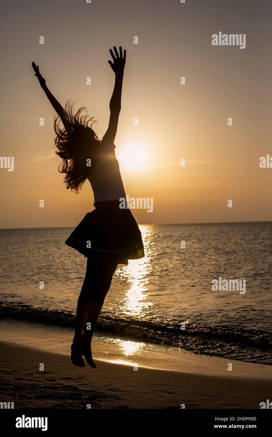 girl, evening sun, jumping, girls, evening suns, jump, jumper Stock ...
