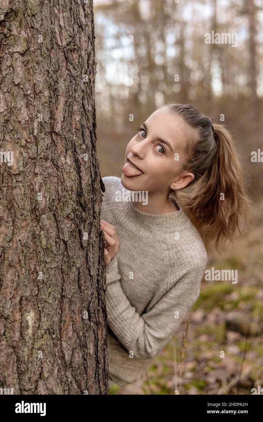 girl, forest, sticking out tongue, girls, forests, wood, woodland ...